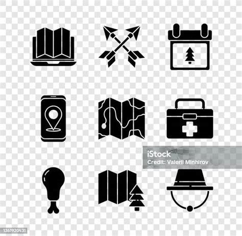 노트북에 숲의 위치를 설정 교차 화살표 나무와 달력 치킨 다리 캠핑 모자 도시지도 탐색 및 아이콘 벡터 지도 핀 아이콘에 대한 스톡 벡터 아트 및 기타 이미지 Istock