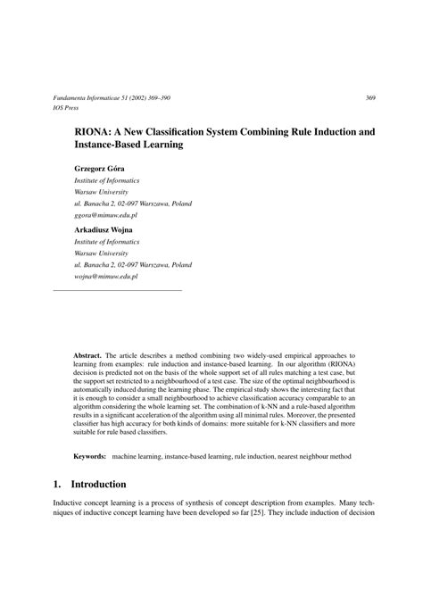 Pdf Riona A New Classification System Combining Rule Induction And