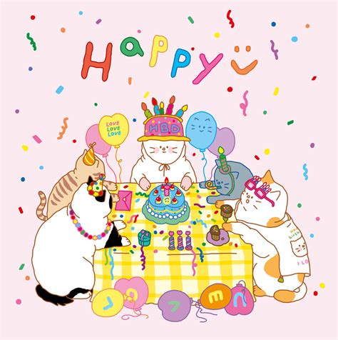 뚱냥이들의 생일파티 그래픽 디자인 일러스트레이션 Happy Birthday Illustration Birthday Illustration Characters