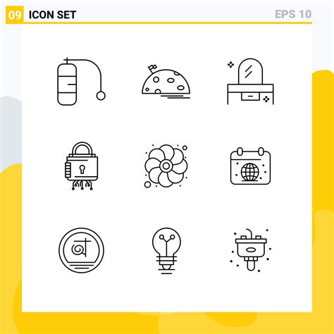 Set Of 9 Modern Ui Icons Symbols Signs For Secure Lock Beauty Cyber Mirror Editable Vector