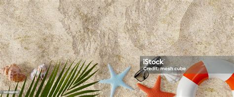 조개껍데기와 다른 여름 테마 물건이 많은 여름 방학 배경 3d 렌더링 3차원 형태에 대한 스톡 사진 및 기타 이미지 3차원