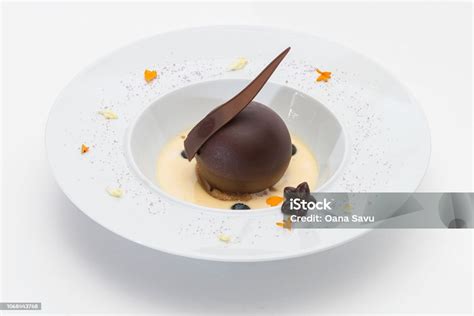 고급 스러운 디저트 초콜릿 글로브와 바닐라 소스 비스킷 초콜릿 꽃 꽃 꽃잎과 숲 과일 흰 접시 밝은 배경에서 장식에 고립 0명에 대한 스톡 사진 및 기타 이미지 Istock