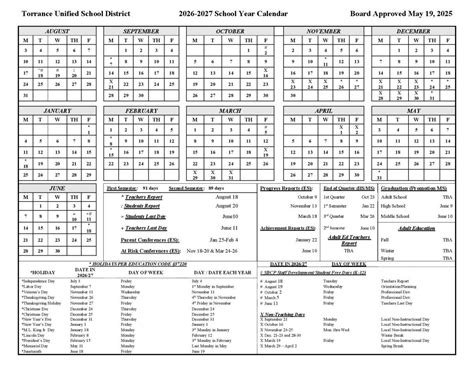 Torrance Unified School District Calendar 2026 2027