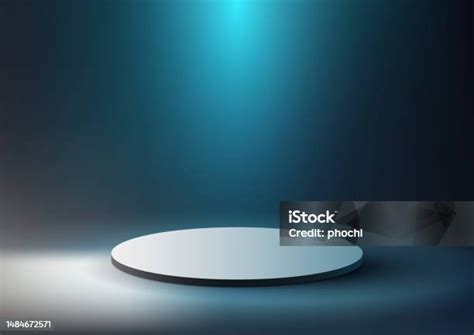 파란색 조명이 있는 어두운 배경에 3d 사실적인 빈 흰색 연단 플랫폼이 표시됩니다 제품 디스플레이 프레젠테이션 모형 미용 화장품 쇼케이스 등에 사용할 수 있습니다 벡터 그림