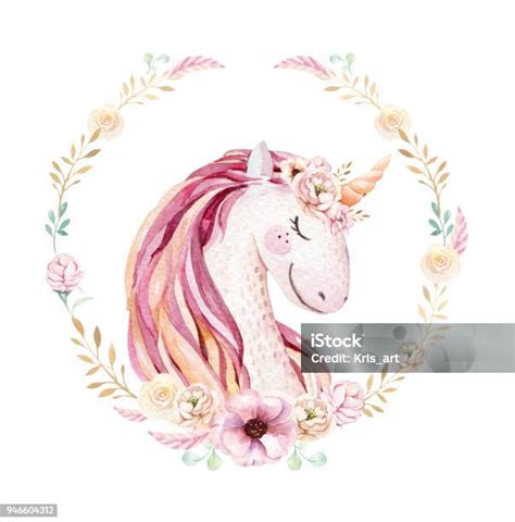 꽃 클립 아트 귀여운 수채화 유니콘 고립 보육 유니콘 그림입니다 공주 레인 보우 포스터입니다 유행 핑크 만화 조랑말 말입니다 수채화에 대한 스톡 벡터 아트 및 기타 이미지