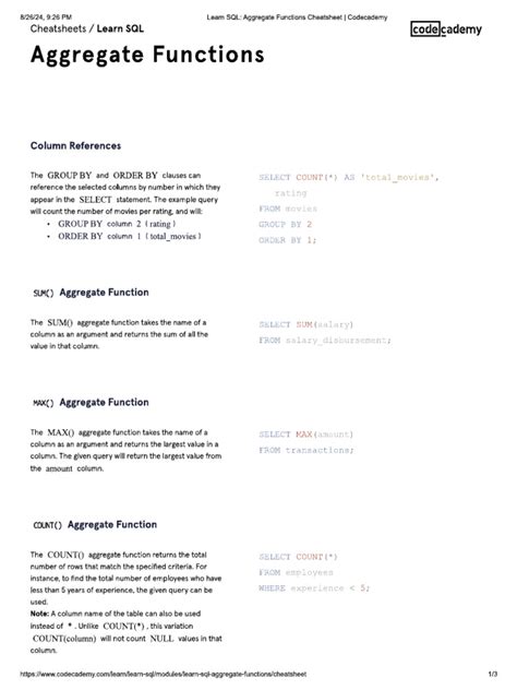 Sql Aggregate Functions Pdf