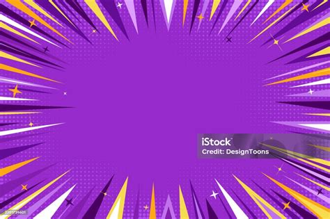 보라색 만화책 만화 배경입니다 현대 크리 에이 티브 팝 아트 보라색 배경에 하프 톤과 별 보라색 흰색 노란색 톤의 팝 아트 속도 줌 배경 개념에 대한 스톡 벡터 아트 및