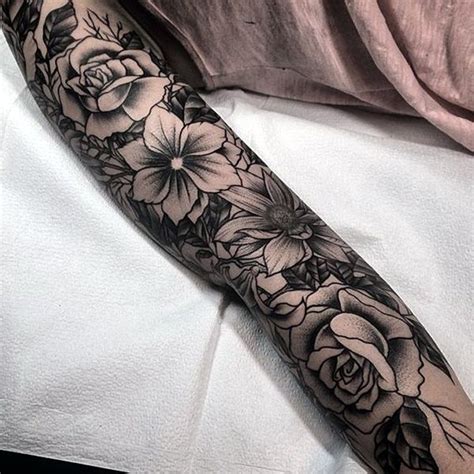 Black And Grey Flower Sleeve Tattoos