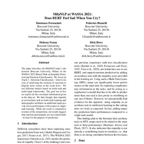 MilaNLP WASSA Does BERT Feel Sad When You Cry ACL Anthology