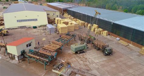 Automated Log Sorting At A Sawmill Aerial View Crane Unloads Logs To