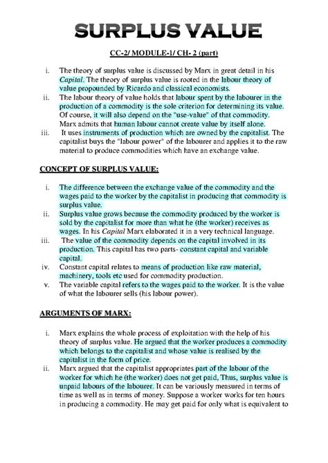 Surplus Value Cc 2 Module 1 Ch 2 Part I The Theory Of Surplus