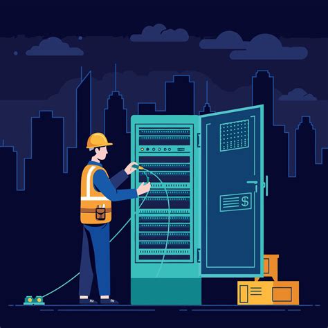 Technician Connecting Cables To Server Rack In Dark Cityscape Minimal Flat Illustration 60707374