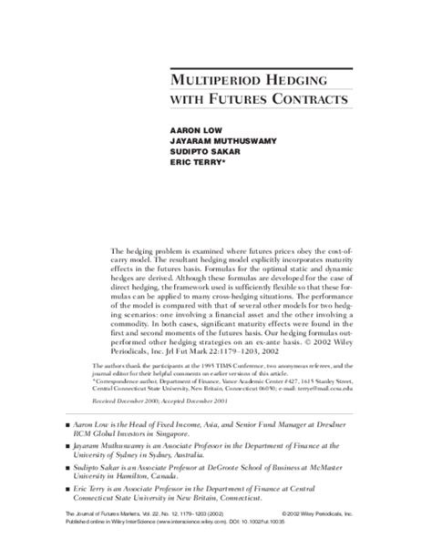 Pdf Multiperiod Hedging With Futures Contracts