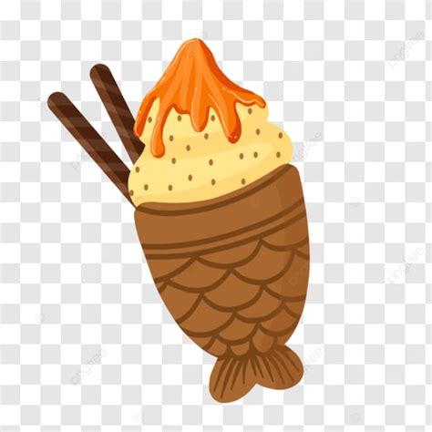 카라멜 소스와 바삭 바삭한 초콜릿 스틱을 얹은 생선 모양의 원뿔에 일본 타이 야키 아이스크림 달콤한 유쾌한 간식 음식 삽화