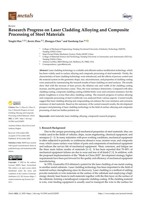Pdf Research Progress On Laser Cladding Alloying And Composite Processing Of Steel Materials