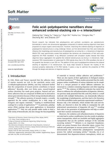 Pdf Folic Acid Polydopamine Nanofibers Show Enhanced Ordered Stacking Via π π Interactions
