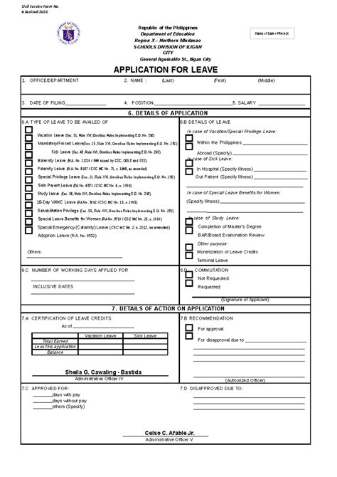 Application Of Leave Form 6 Civil Service Form No 6 Revised 2020 Republic Of The