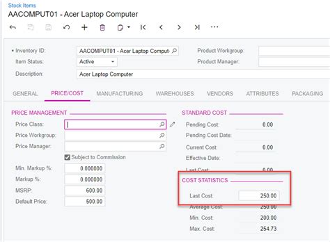 Estimated Unit Cost From Inventory Summary Community
