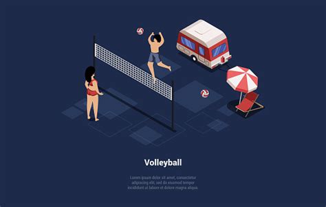 배구 놀이와 스포츠 아카데미의 개념 비치 발리볼 팀은 플레이 매치입니다 팀 플레이어는 상대에게 공을 제공합니다 우산과 캠핑이있는