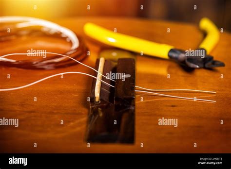 Restring Classical Guitar Concept Closeup At The New Strings Stock