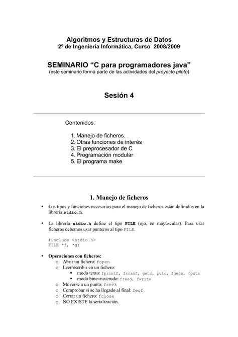PDF de programación SEMINARIO C para programadores java Sesión 4