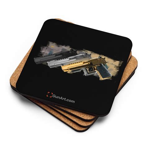 Super Power Pistol Trio Cork Back Coaster Black Background Gun Art
