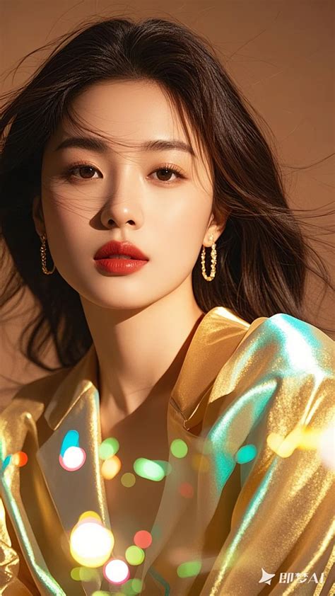 人像写真，145mm，大大光圈，摄影风格，模特看向观众，前景虚化，金色半透明流光绸缎，极简，亚洲年轻女性，皮肤毛孔细腻，逆光，彩色光，面部特写