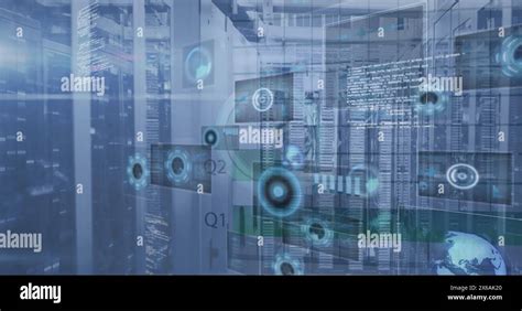 Image Of Digital Clock Radars Globe Computer Language Against Server Racks In Background