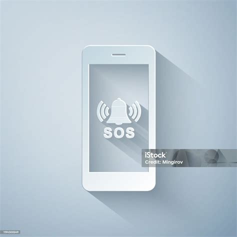 회색 배경에 격리 된 종이 잘라 Sos 호출 아이콘 911 비상 사태 도움 경고 경보 종이 아트 스타일입니다 벡터 일러스트레이션 3차원 형태에 대한 스톡 벡터 아트 및 기타
