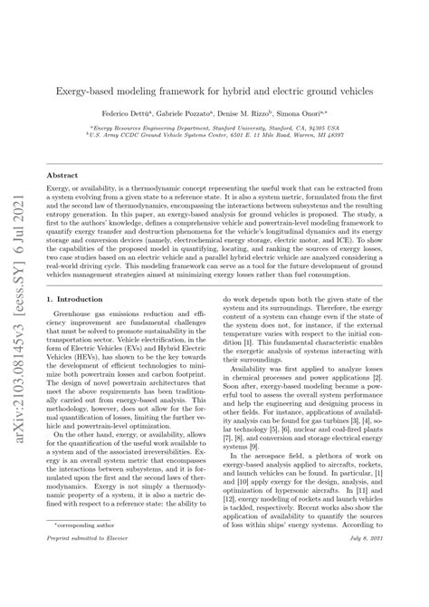 Pdf Exergy Based Modeling Framework For Hybrid And Electric Ground