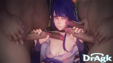 Raiden Shogun Gets Gangbanged And Creampied Triple Blowjob With Cumshot