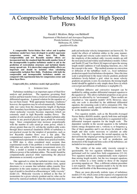 Pdf A Compressible Turbulence Model For High Speed Flows