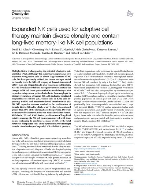 Pdf Expanded Nk Cells Used For Adoptive Cell Therapy Maintain Diverse