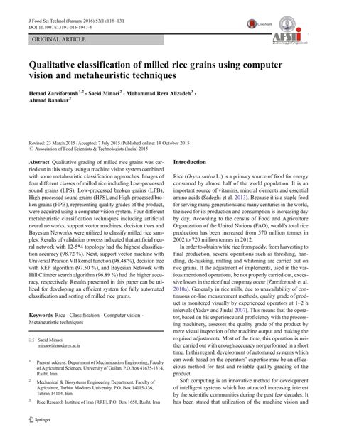 Pdf Qualitative Classification Of Milled Rice Grains Using Computer Vision And Metaheuristic
