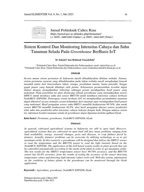 Sistem Kontrol Dan Monitoring Intensitas Cahaya Dan Suhu Tanaman Selada Pada Greenhouse Berbasis