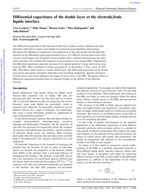 Pdf Differential Capacitance Of The Double Layer At The Electrodeionic Liquids Interface
