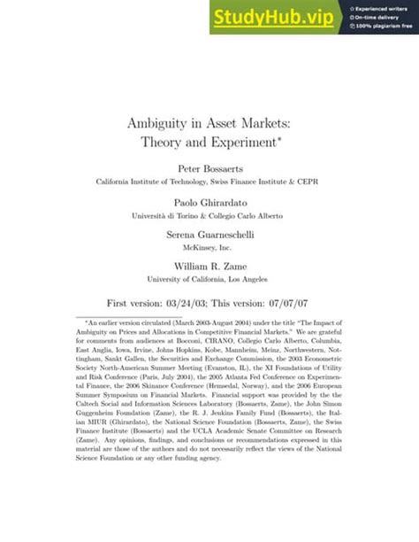 Ambiguity In Asset Markets Theory And Experiment Pdf Stocks And