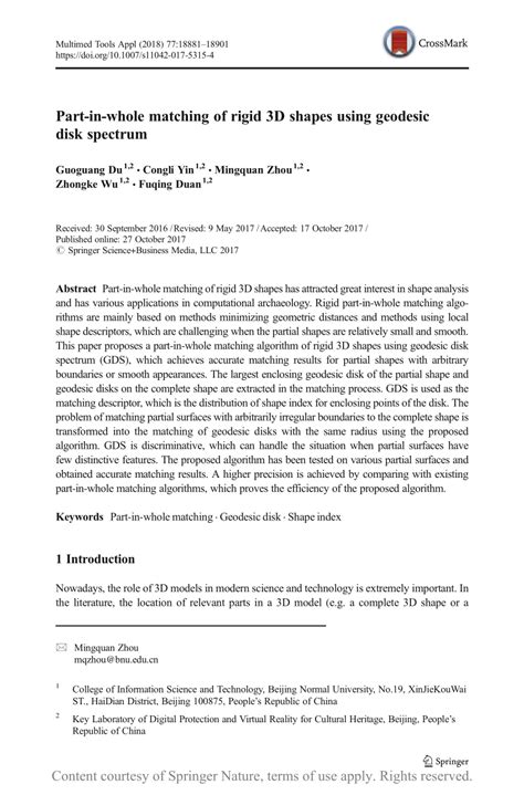 Part In Whole Matching Of Rigid 3d Shapes Using Geodesic Disk Spectrum