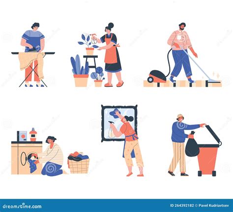 People Doing Household Chores Set Of Flat Vector Illustrations