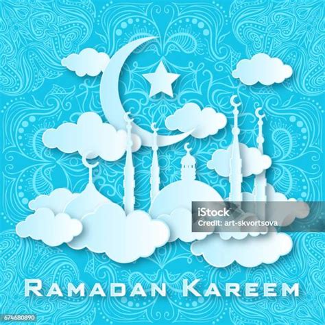 벡터 3d 이슬람 종이 예술 컷 라마단 카림 휴일 축 하 인사말 카드 배경 벡터 일러스트 모스크와 문 종이로 만든 아라비아 도시의 전망 이슬람 디자인입니다 Eid 무바라크