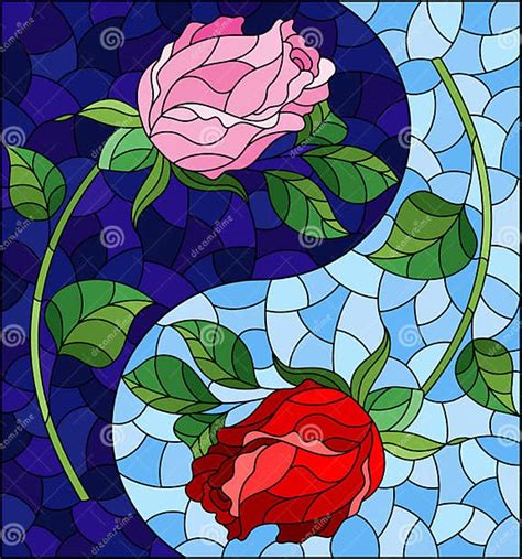 Ilustración De Vidrio Manchado Con Flores De Rosa En Un Fondo Azul