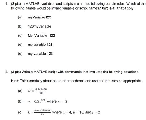 Solved Pts In MATLAB Variables And Scripts Are Named Chegg