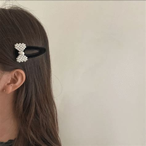 벨벳헤어핀 진주 리본 포인트 블랙 똑딱핀 헤어핀 머리핀