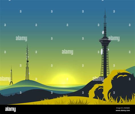 Communication Tower Landscape Composition With Sunset Scenery Clear Sky And Modern Telecom
