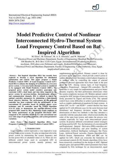Pdf Model Predictive Control Of Nonlinear Interconnected Hydro Thermal System Load Frequency