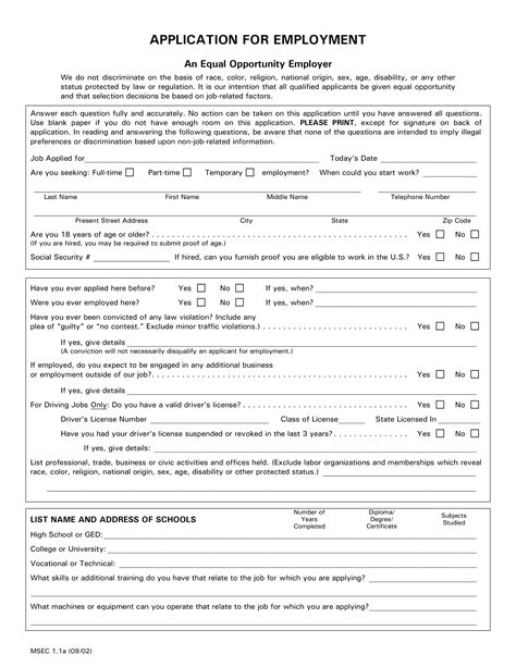 Generic Employment Application Template Templates At