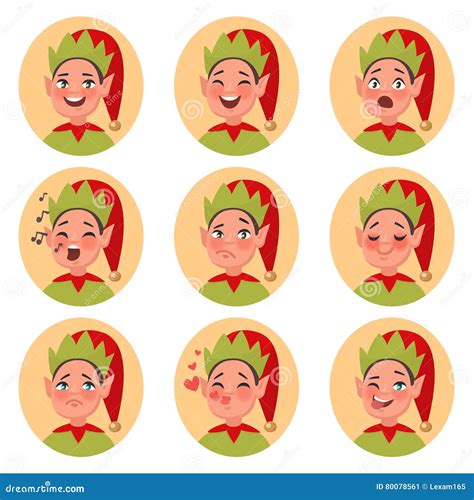 Christmas Elf Emoji Face Icons Set Of Different Emotions Characters Stock Illustration