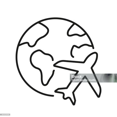 비행기 선 아이콘이 있는 지구본 세계 선형 픽토그램을 여행하십시오 행성 지구 윤곽 기호가 있는 비행기 항공 운송 비즈니스 비행