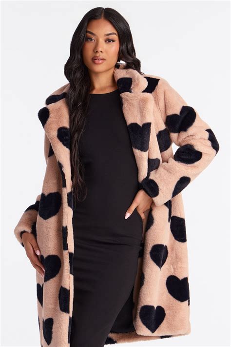 Lover Girl Faux Fur Heart Print Coat Taupe Combo Fashion Nova