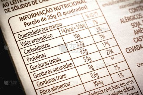 在这幅图片插图中，产品标签上的营养信息 卡路里、碳水化合物、蛋白质和脂肪 葡萄牙文 健康生活和健康
